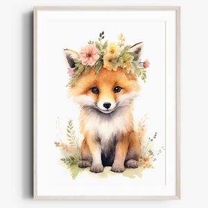 Art | Watercolor Floral Baby Fox Portrait Wall Art Illustration Print ...